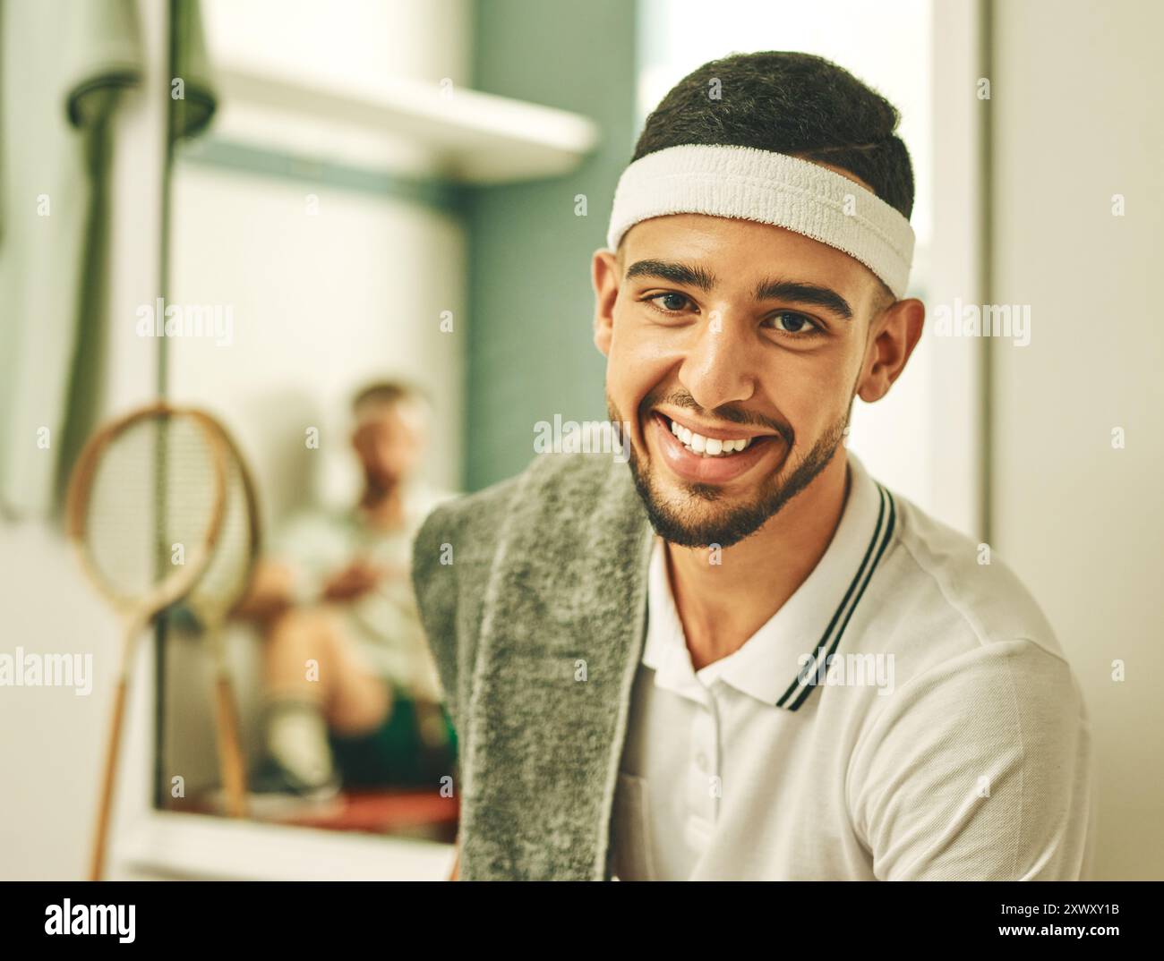 Exercise, portrait and towel with squash player man on wall background ...