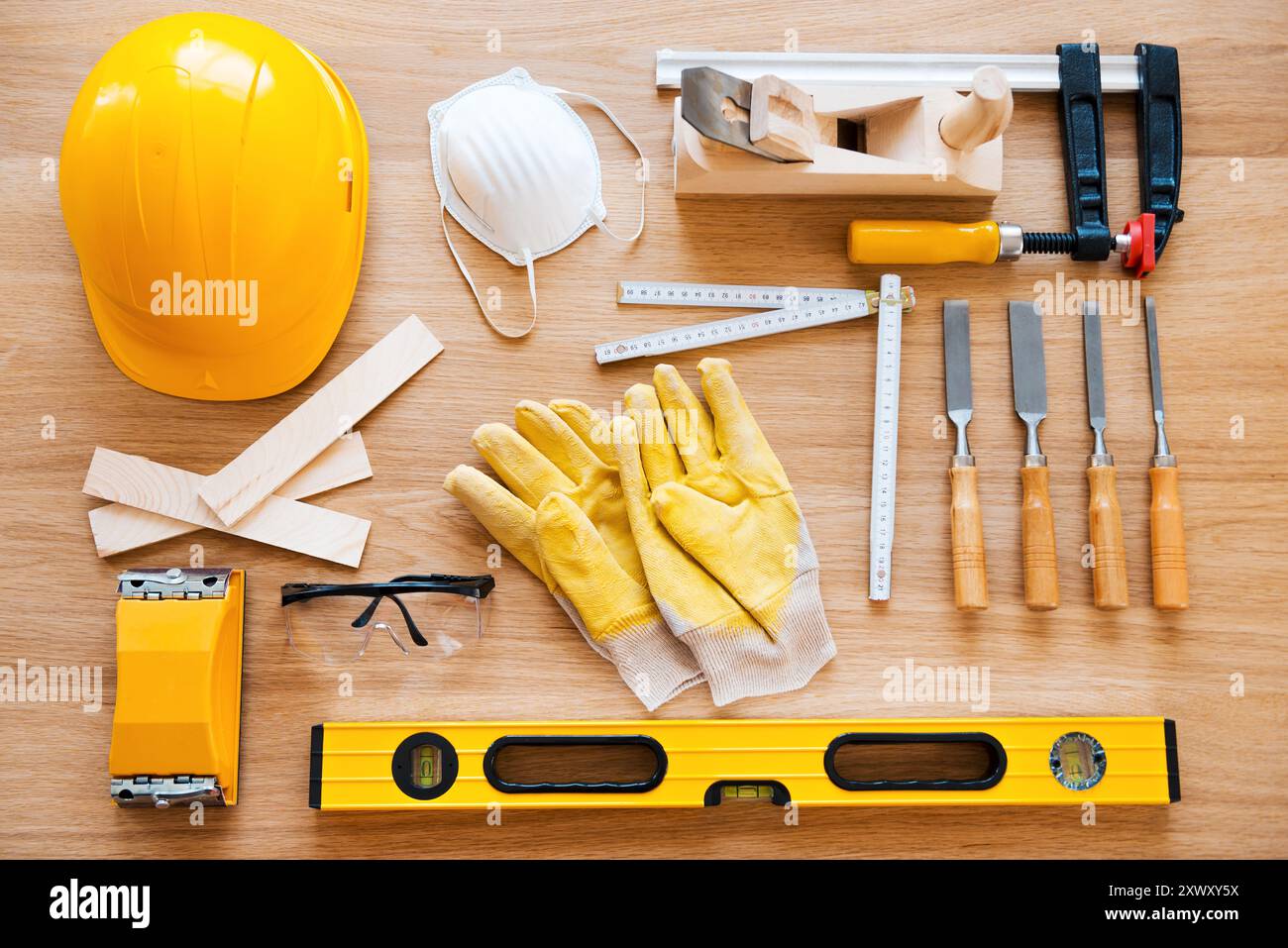 Work tools for carpenter. Top view of diverse working tools for wood ...