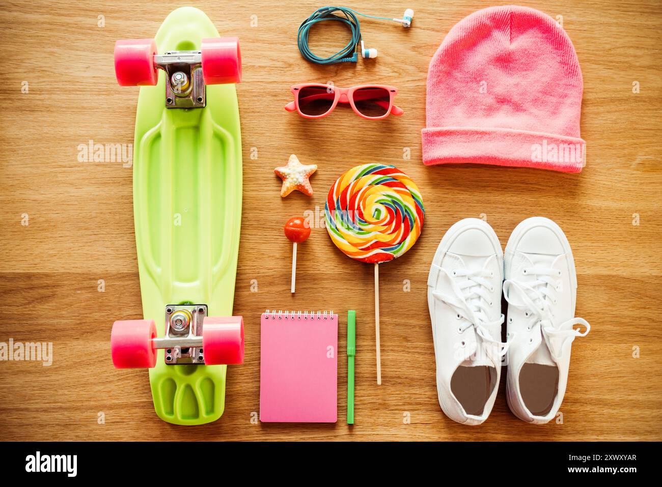 Girls collection. Top view of clothing and diverse personal accessory ...