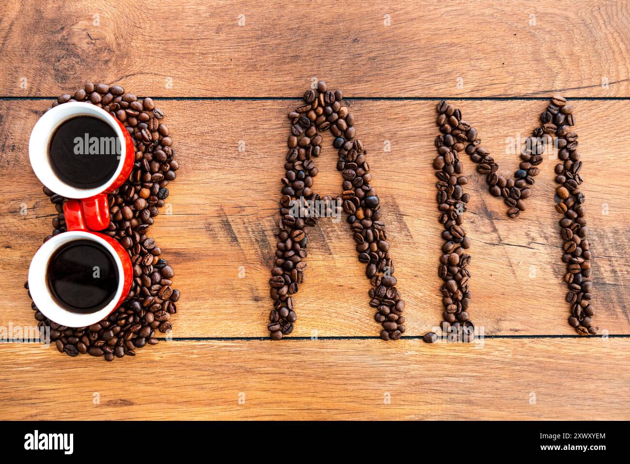 Start your morning with fresh coffee. Top view of number and letters ...