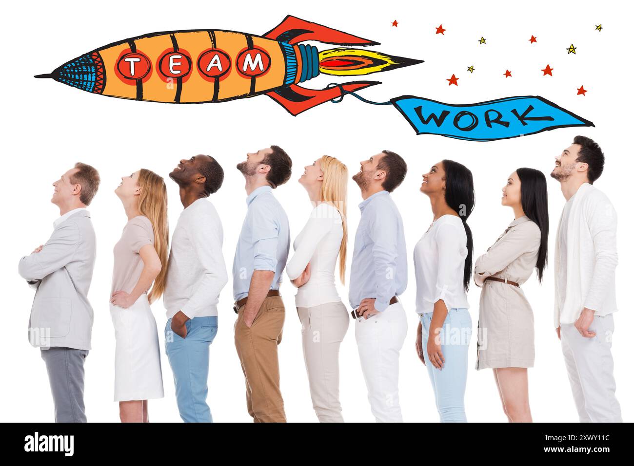 Teamwork is a key to success. Side view of positive diverse group of ...