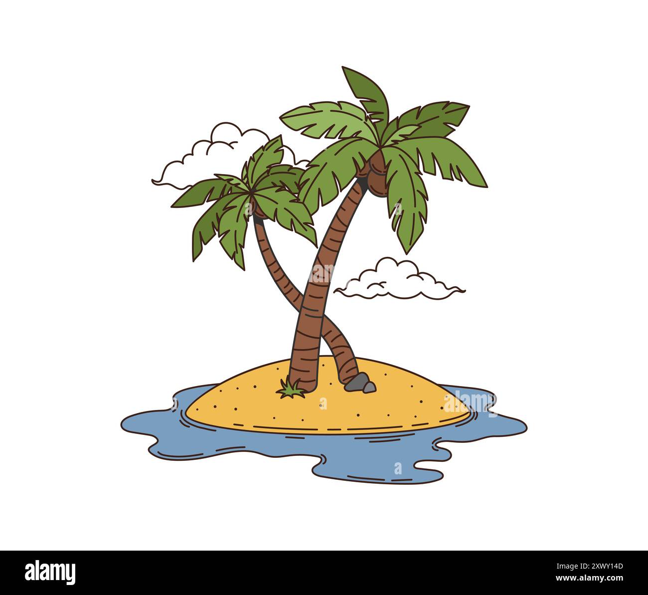 Cartoon groovy pirate island with palm trees standing under the cloudy ...