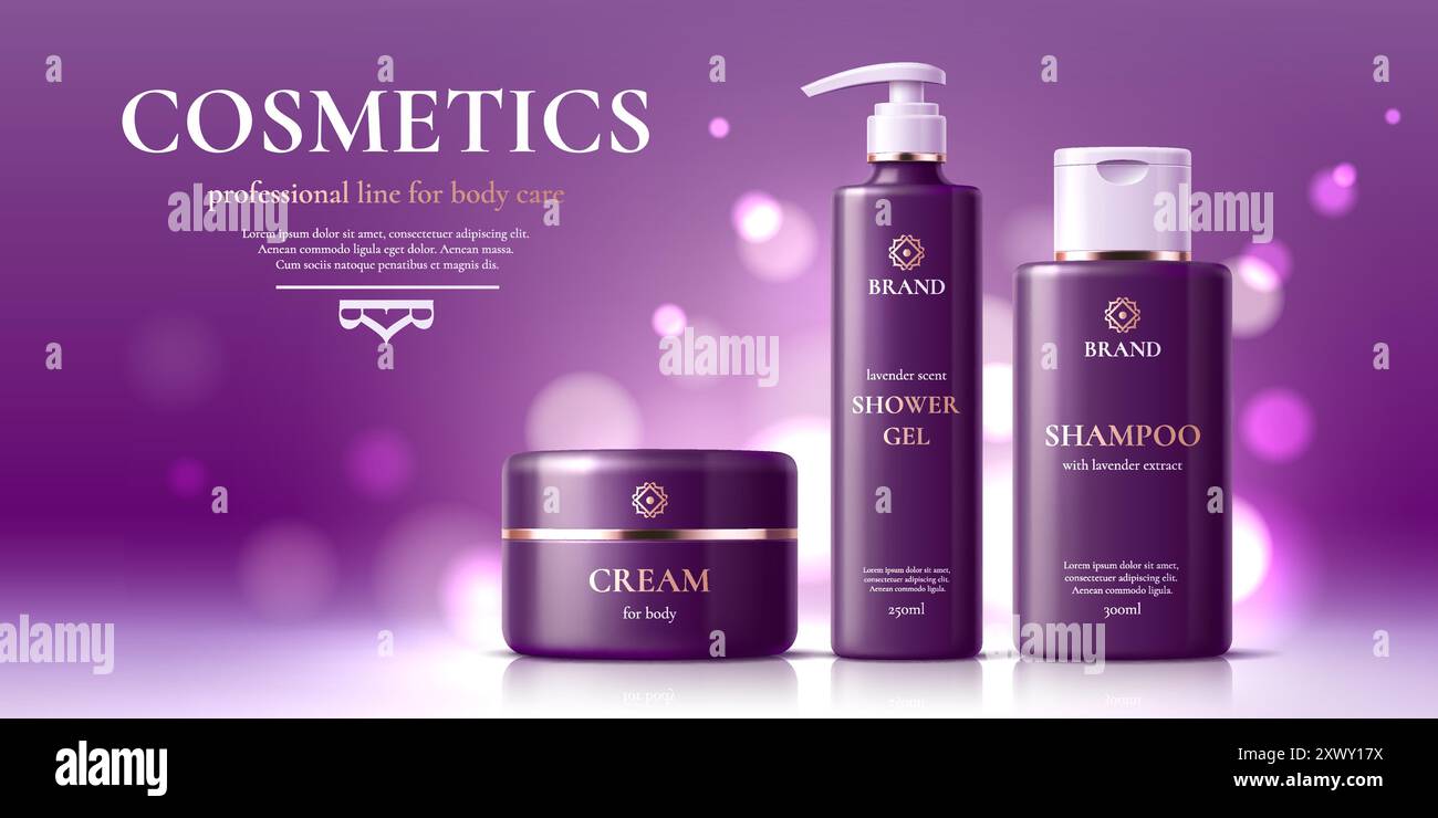 Cosmetic product purple templates. Hair shampoo, shower gel and body ...