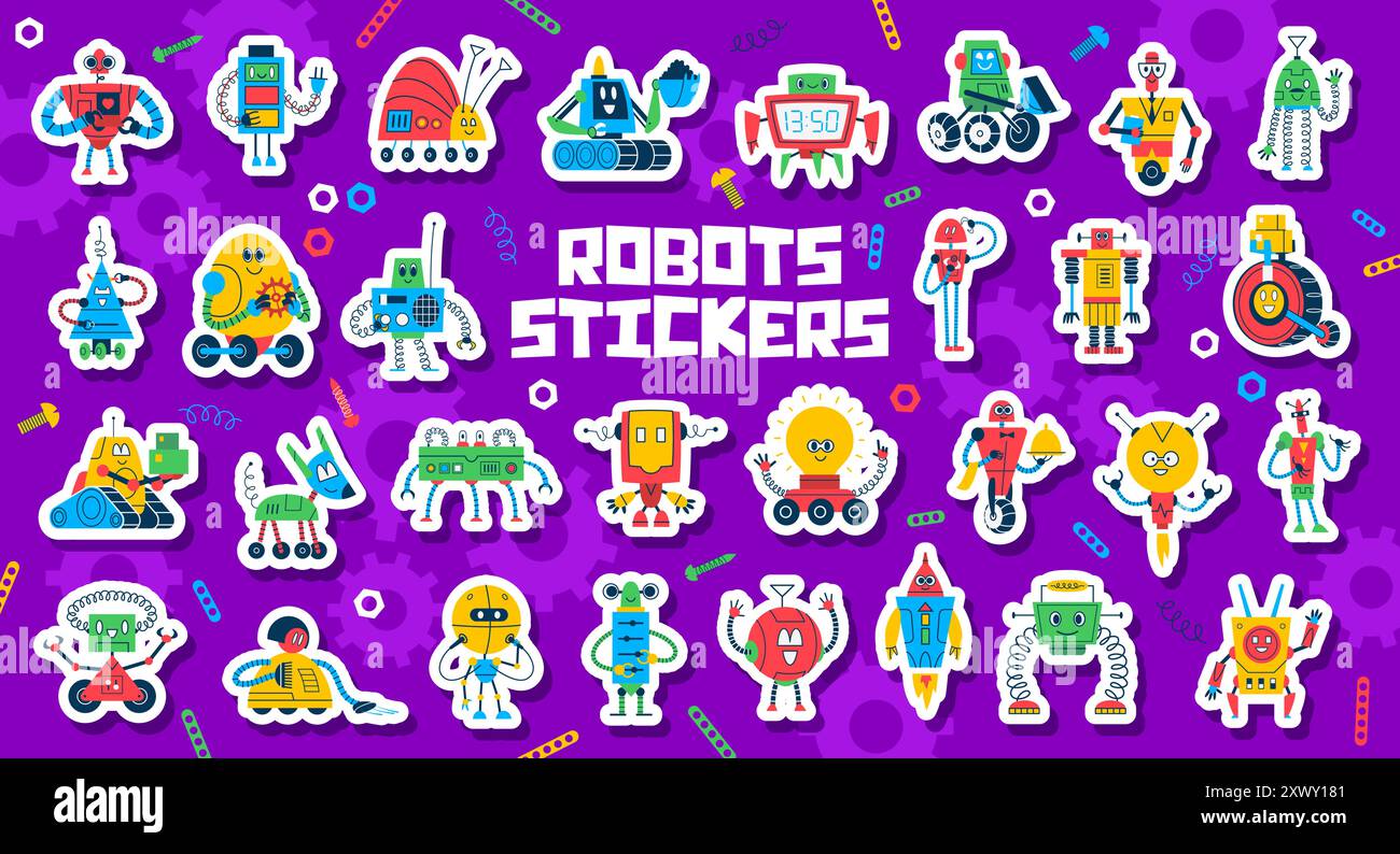Robot character stickers. Colorful, vibrant collection of cartoon ...