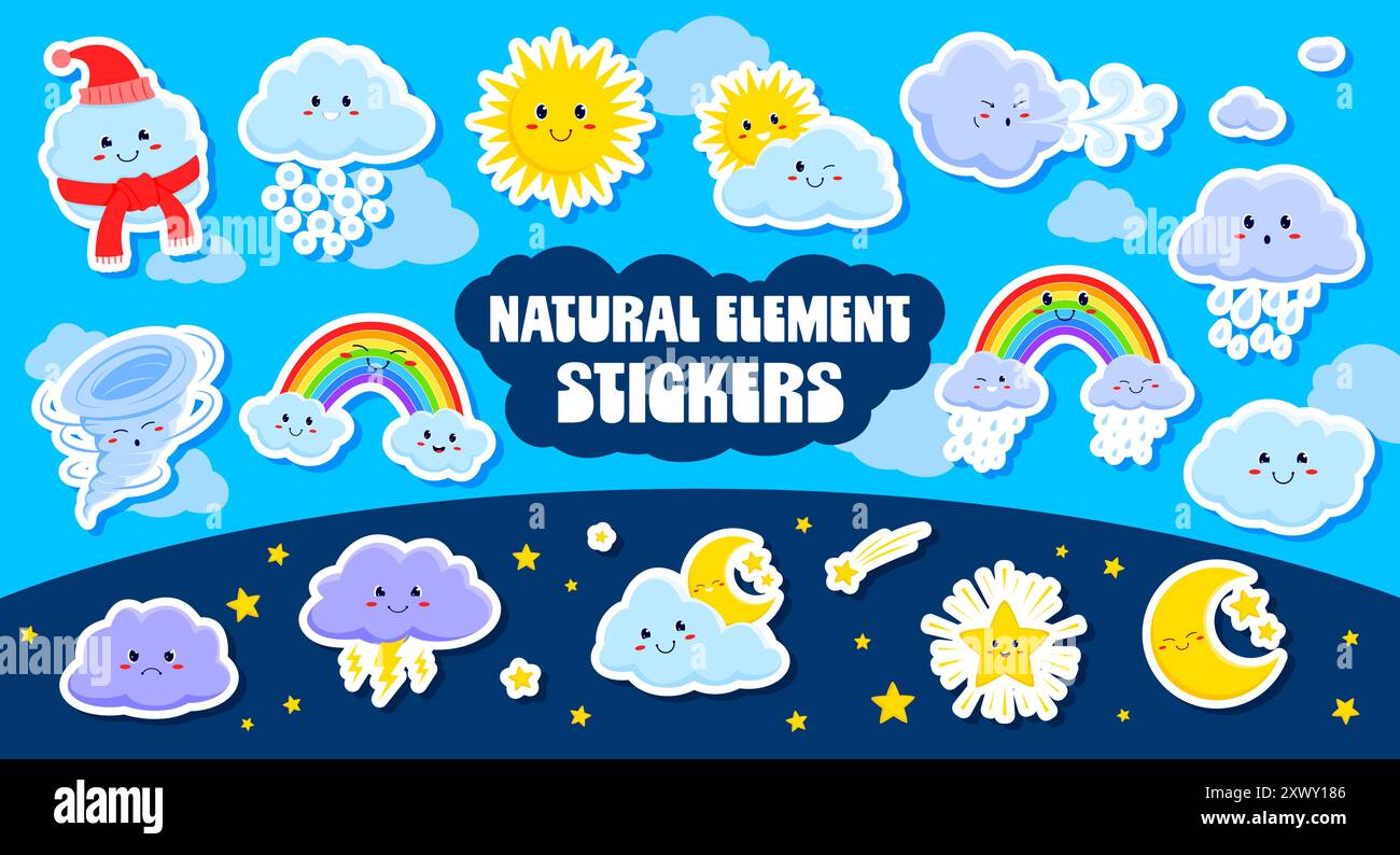 Cartoon weather characters stickers. Vector adhesive patches of natural ...