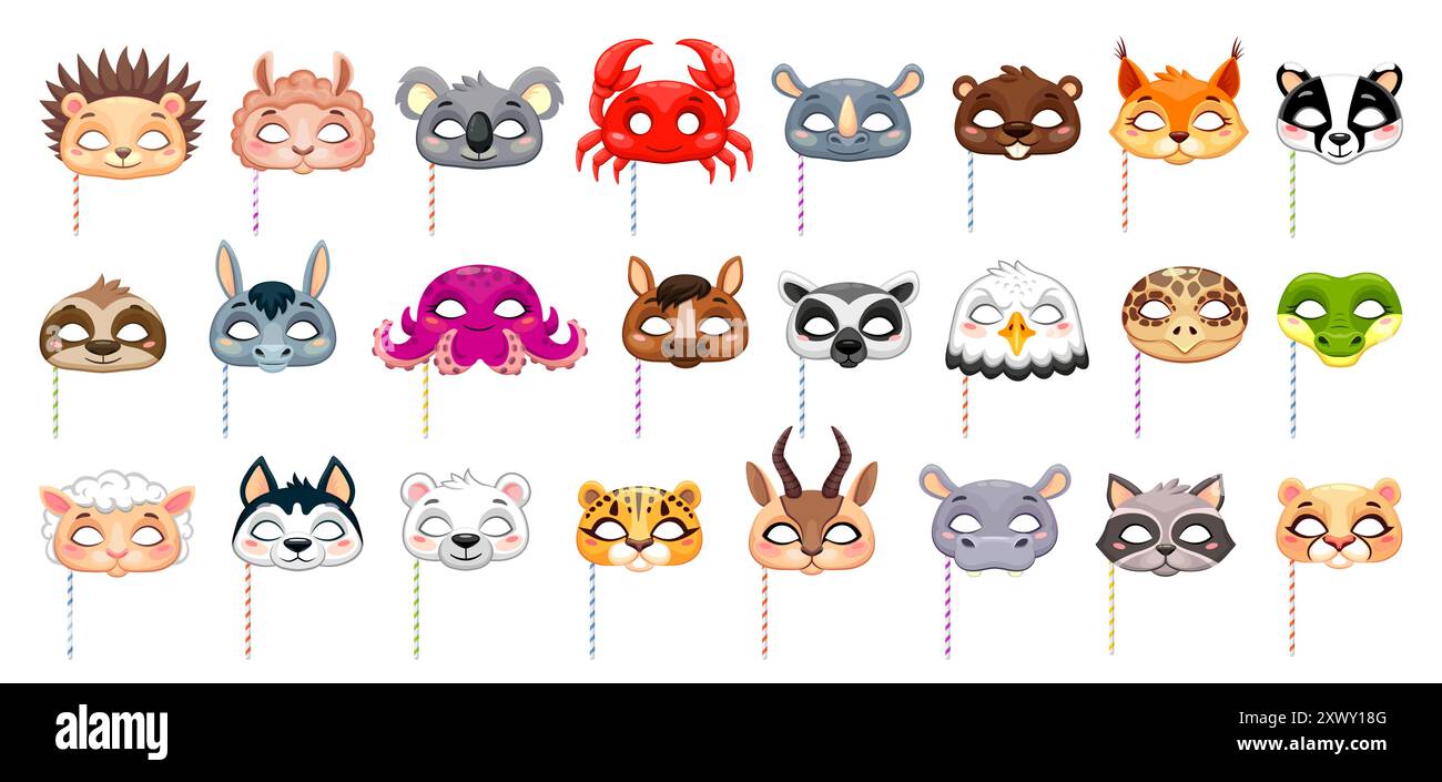 Cartoon carnival party animal masks on sticks. Vector photo booth props ...