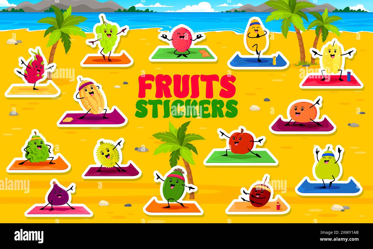 Cartoon fruit characters on summer beach yoga fitness, stickers pack ...