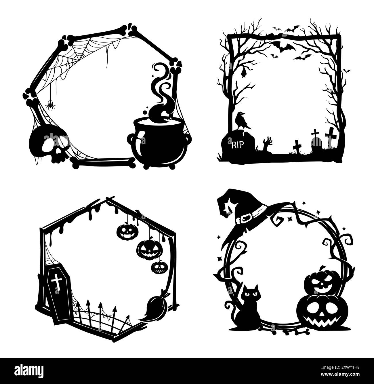 Halloween black frames. Isolated vector scary holiday borders with ...