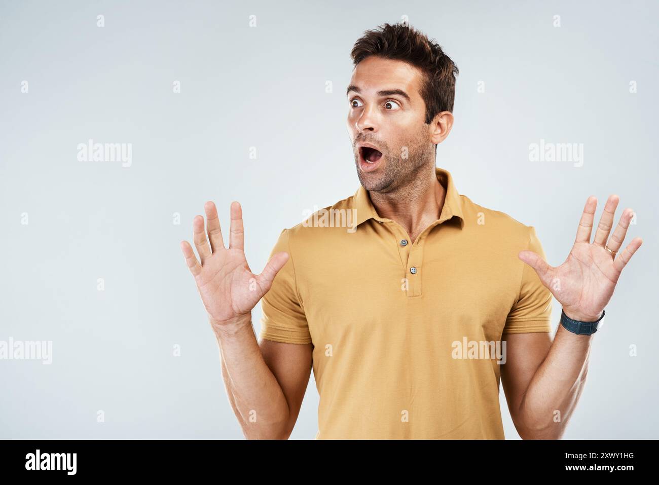 Man, shock and terror in studio for alarm, stress and suspense for ...