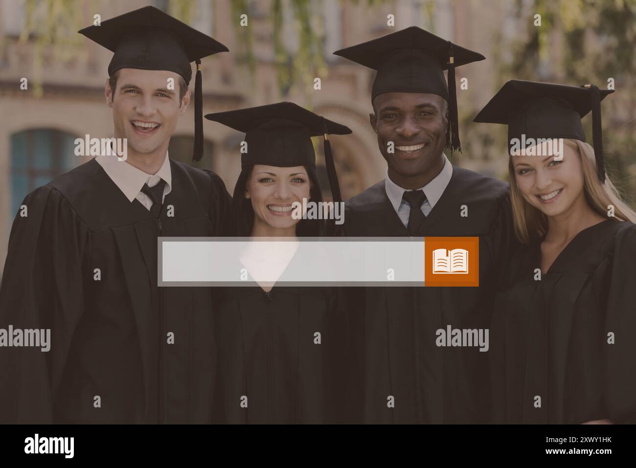 Happy graduation. Four college graduates in graduation gowns standing ...
