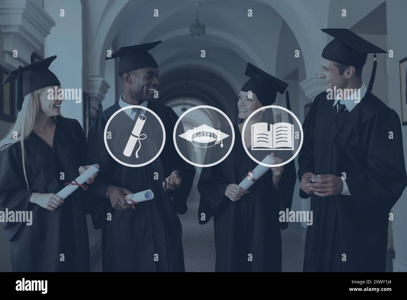 Ready to bright future. Four college graduates in graduation gowns ...