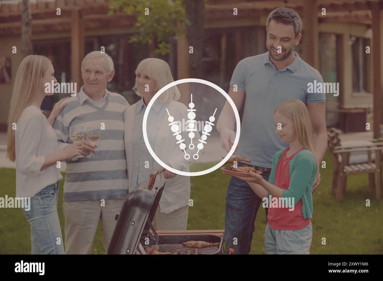 Barbecue time. Happy family of five people barbecuing meat on grill on ...