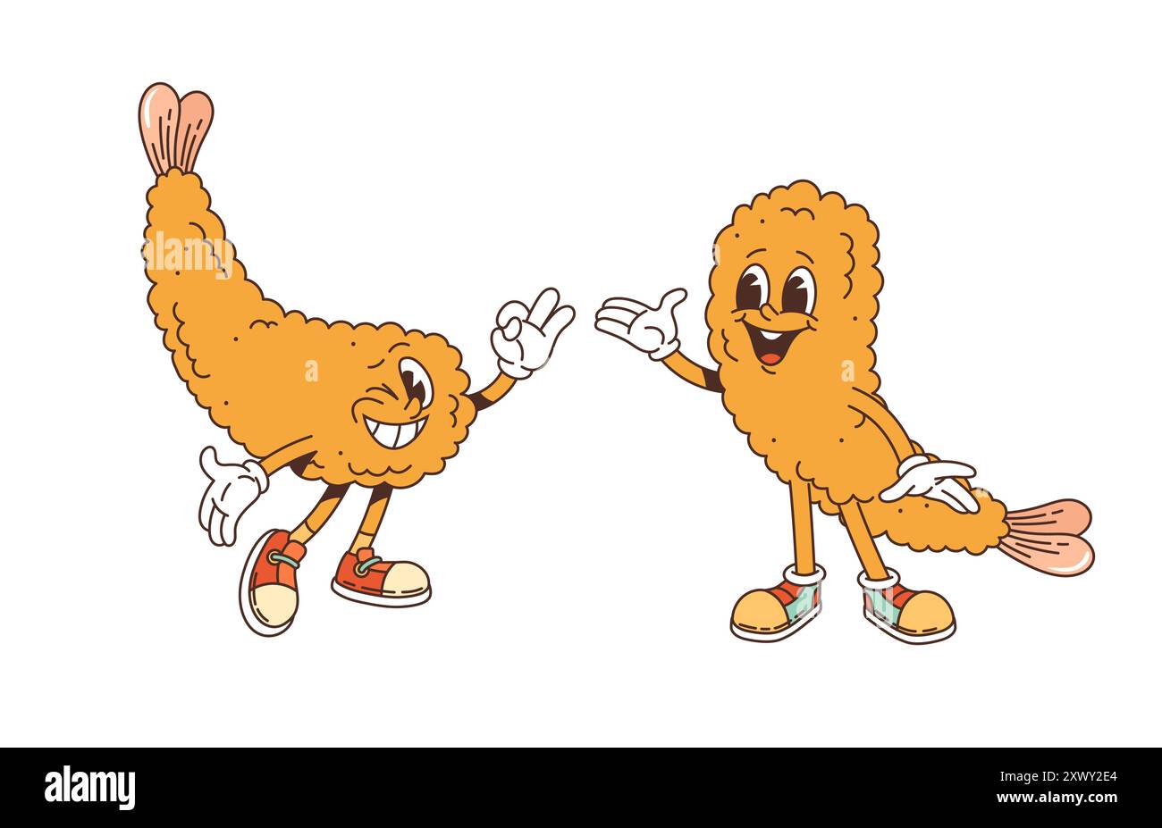 Retro Japanese shrimp ebi tempura groovy characters. Playful vector ...