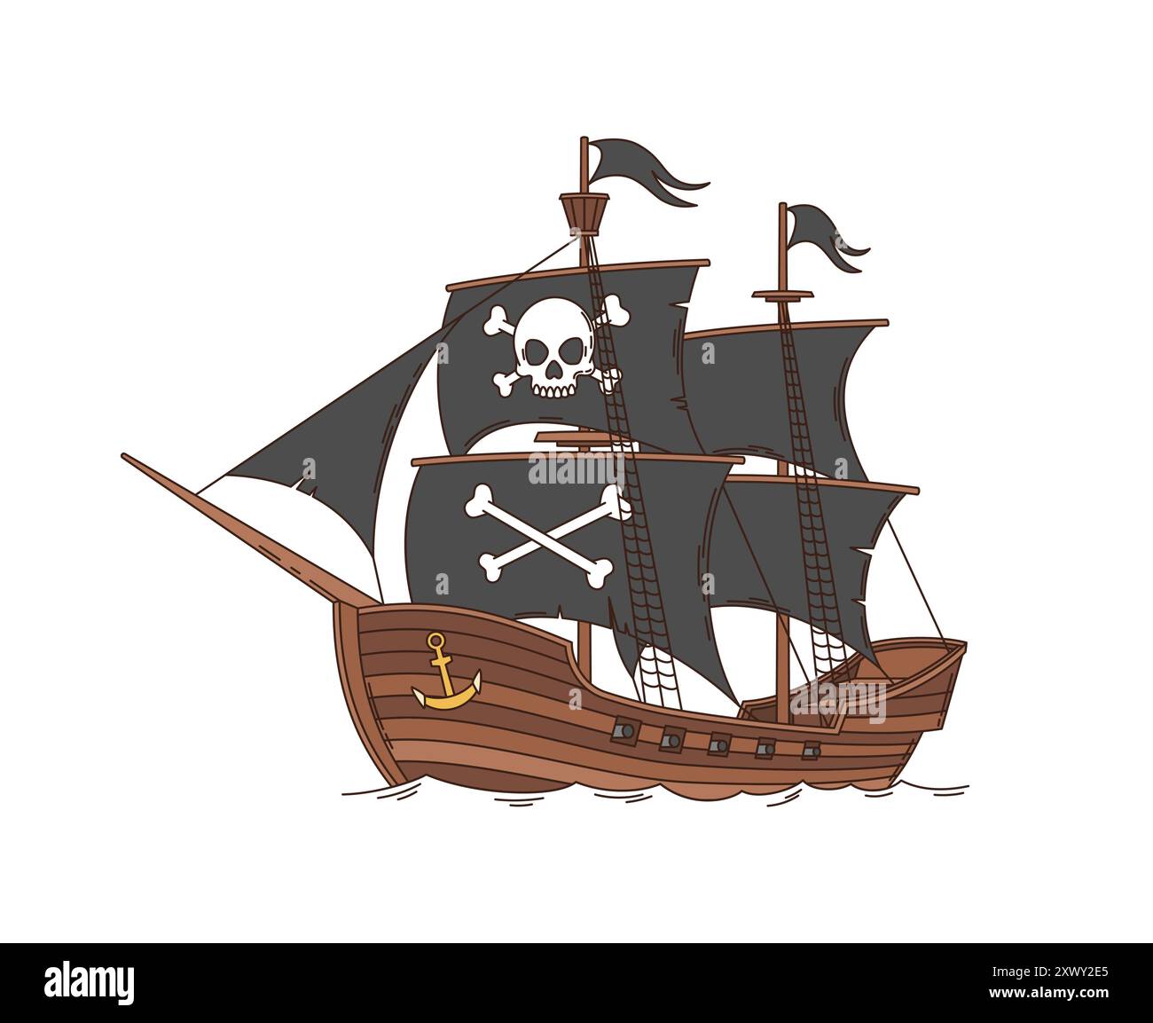 Cartoon groovy pirate and corsair sailing ship. Isolated vector old sea ...