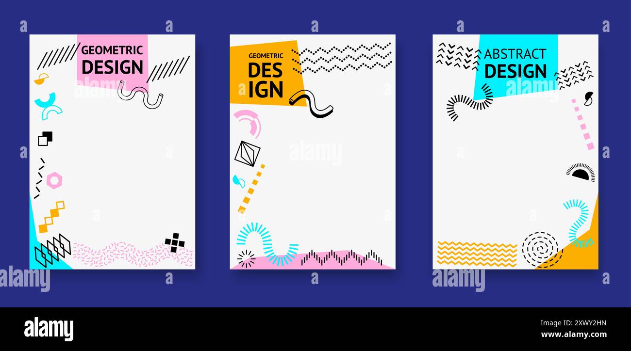 Abstract Memphis modern geometric posters with vibrant shapes. Vector ...