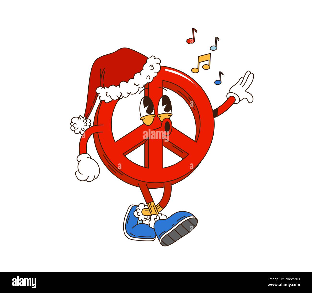 Retro groovy Christmas peace sign character wearing a Santa hat ...