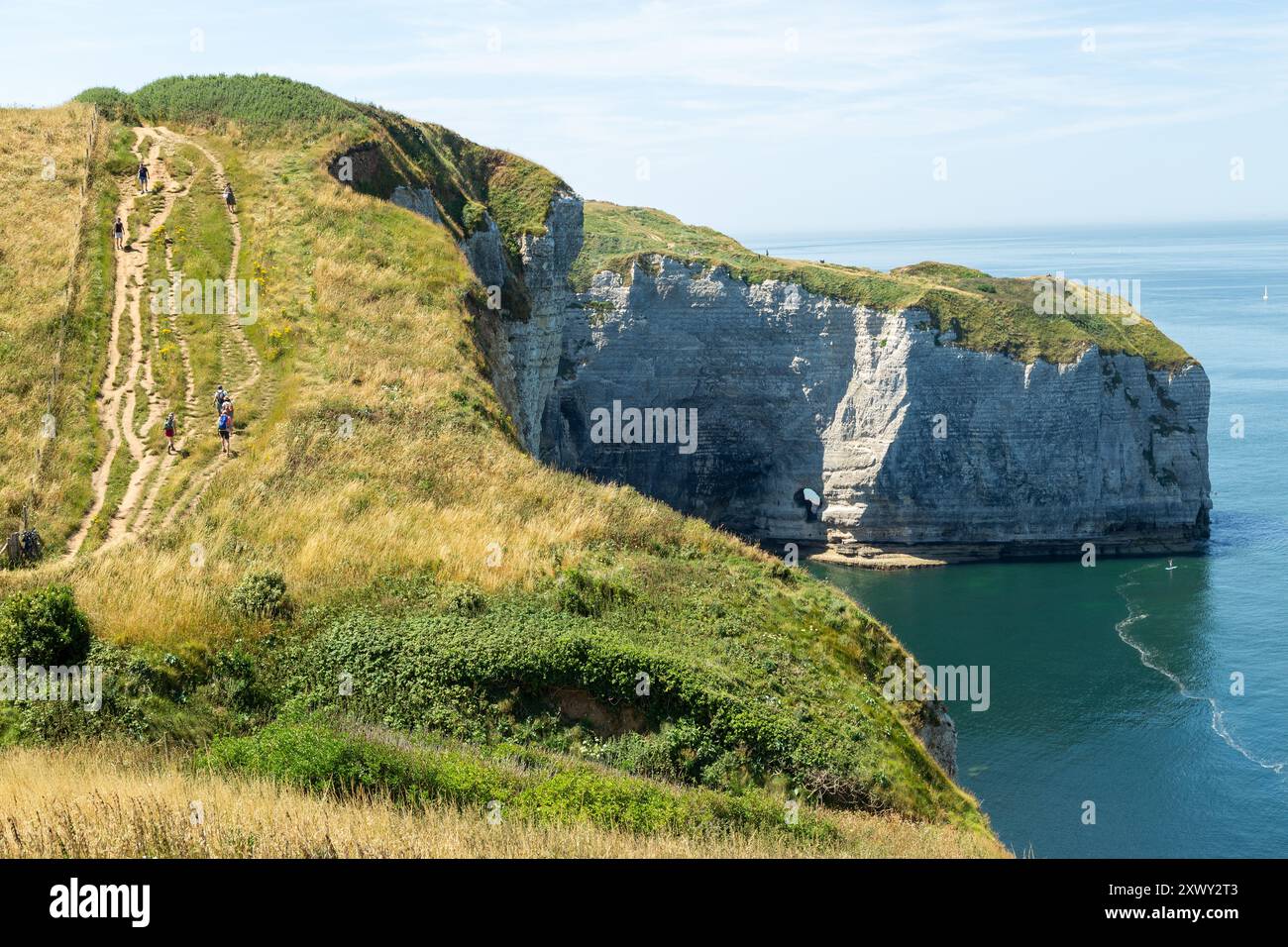 People walking the coastal footpath near Etretat, Normandy, France ...