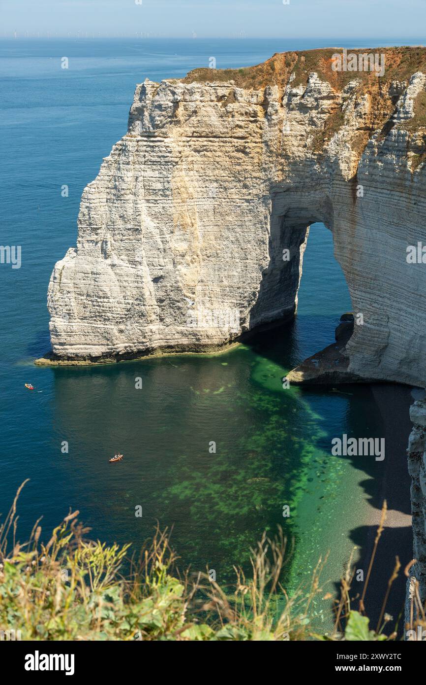 La Manneporte, a natural arch in the chalk cliffs at Etretat Stock ...