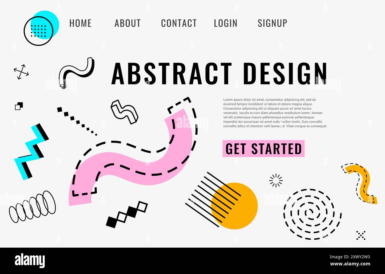 Landing page template with abstract modern Memphis shapes. Vector creative business website ...