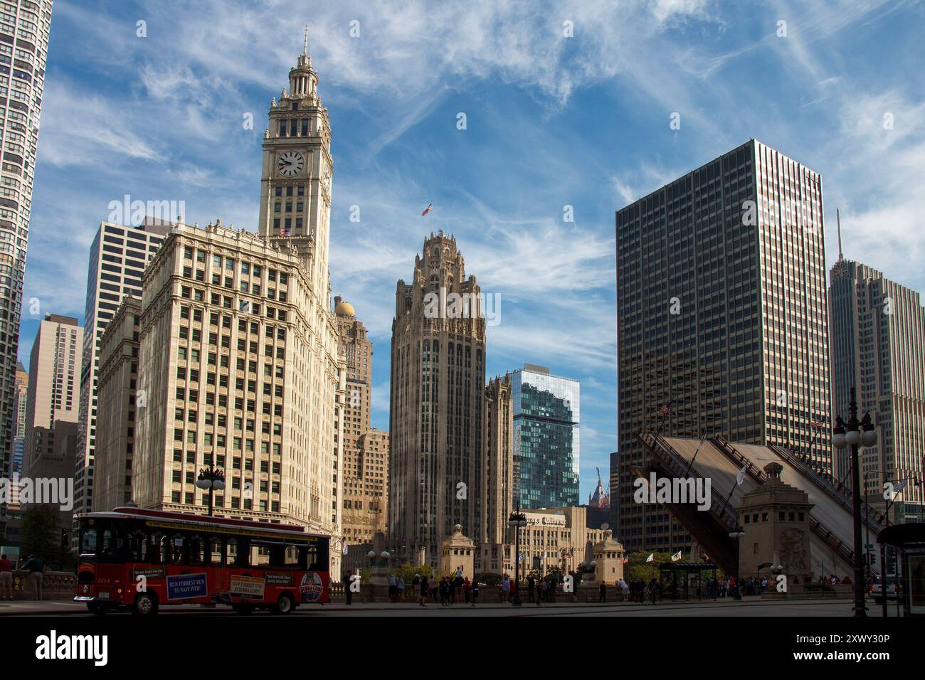 Wrigley Building and the Tribune tower skyline with modern architecture ...