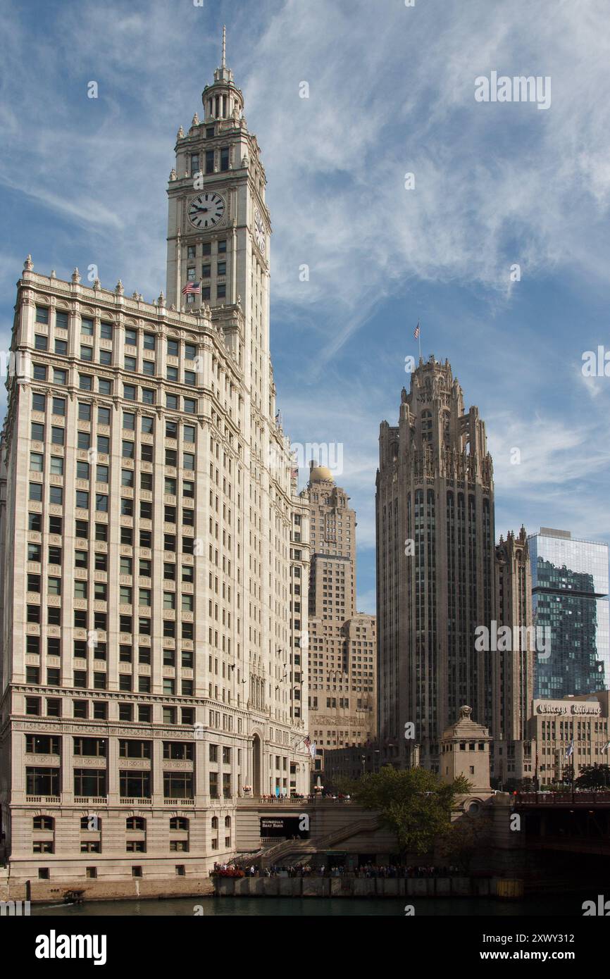 Wrigley Building and the Tribune tower skyline with modern architecture ...