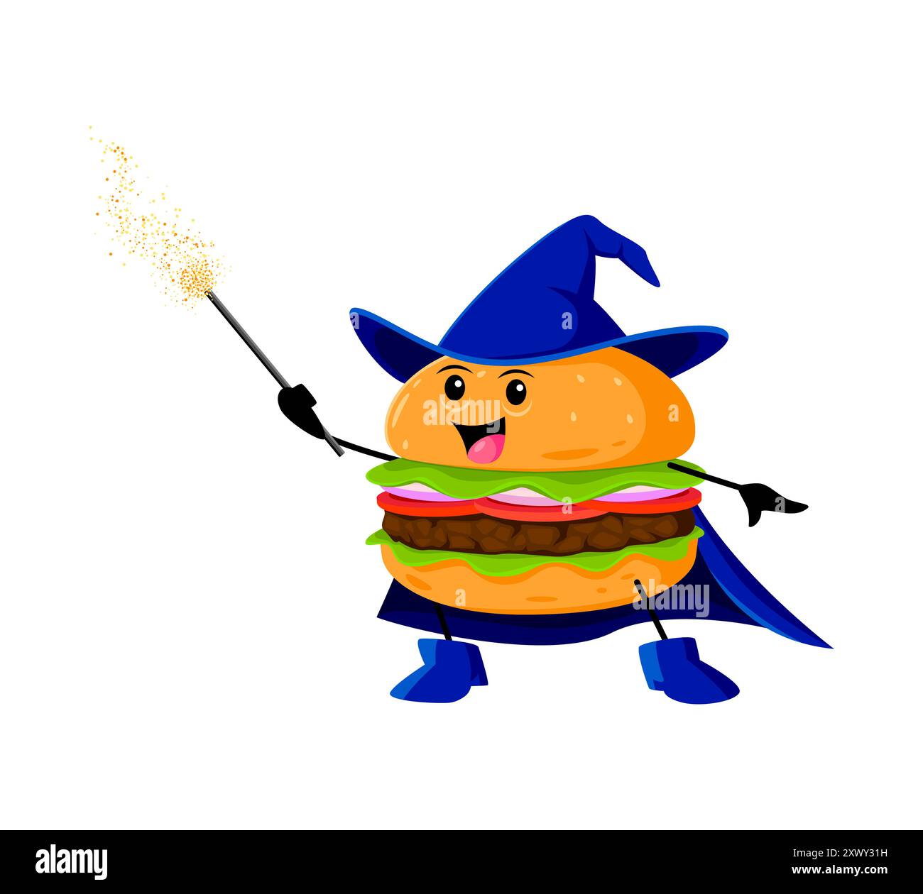 Cartoon Halloween burger fast food mage, wizard and witch character ...