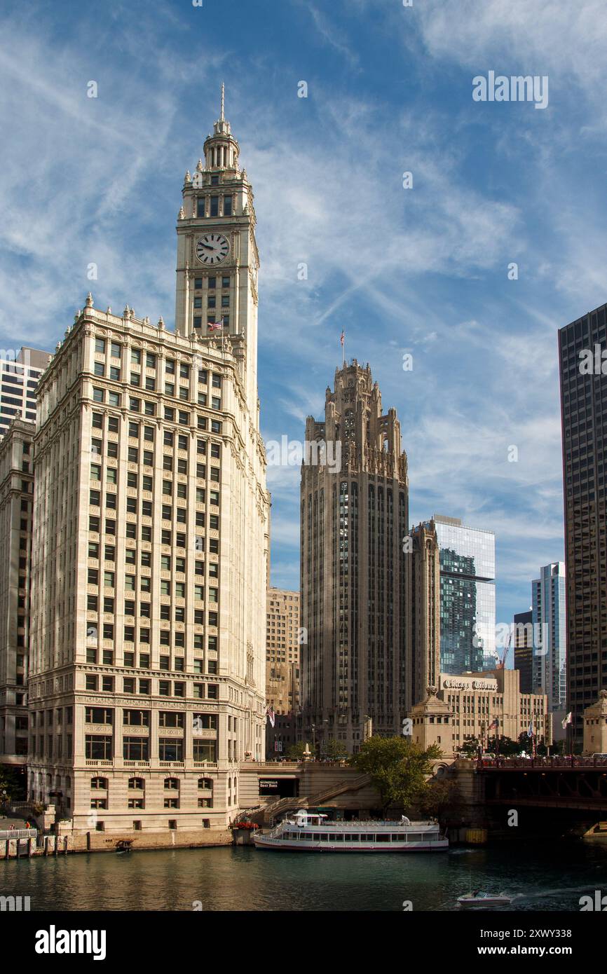 Wrigley Building and the Tribune tower skyline with modern architecture ...