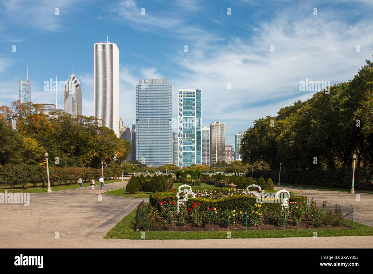 The Millennium park and the skyline with modern architecture buildings ...
