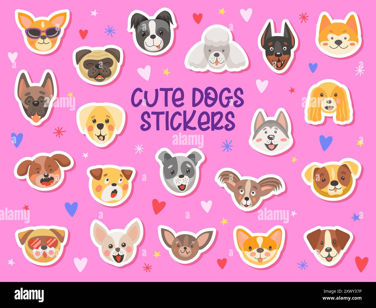 Cute dog and puppy pet stickers vector set. Cartoon canine breeds with ...
