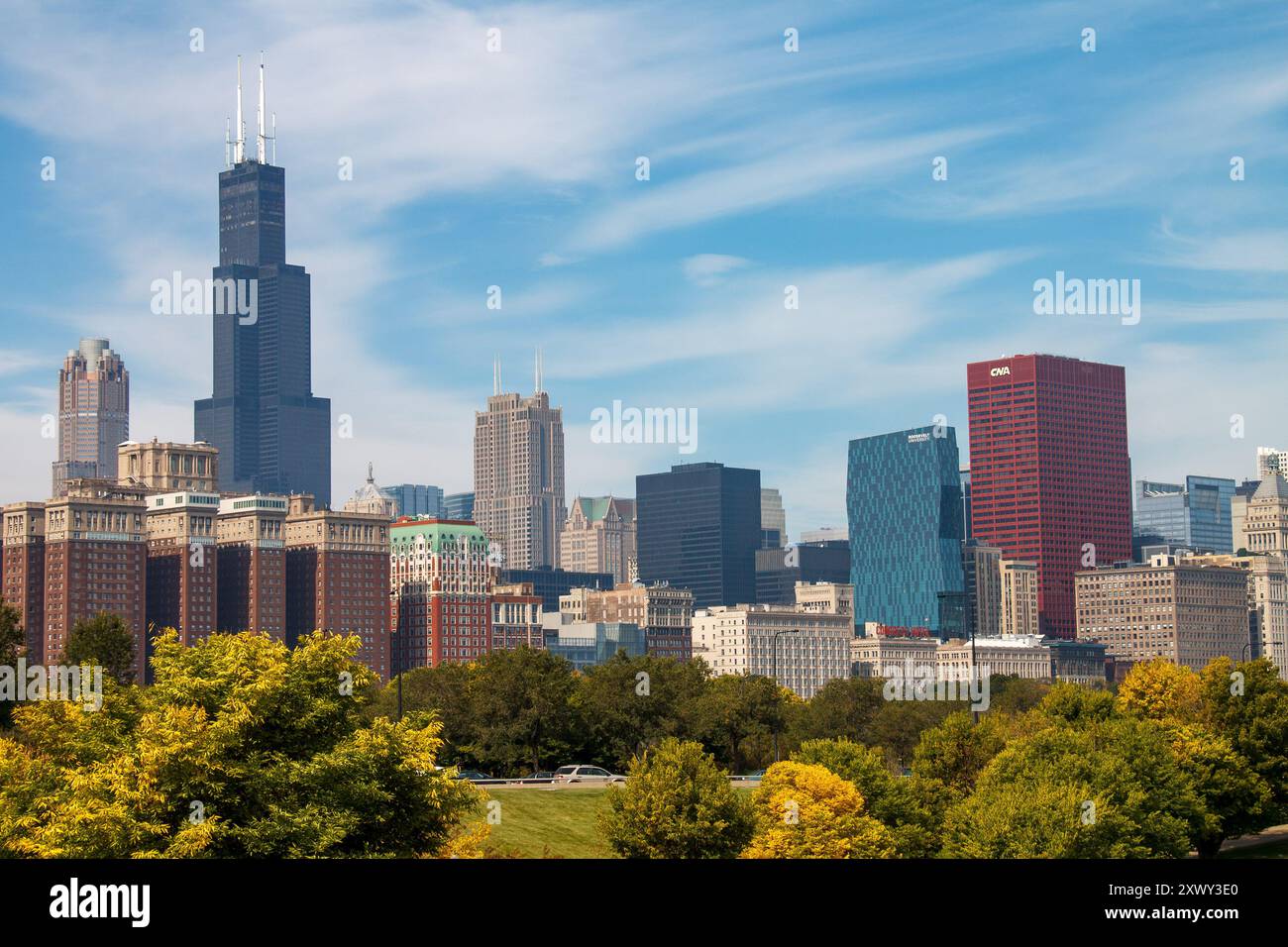 Grant Park and the skyline with Willis Tower skyscraper and the modern architecture buildings in ...