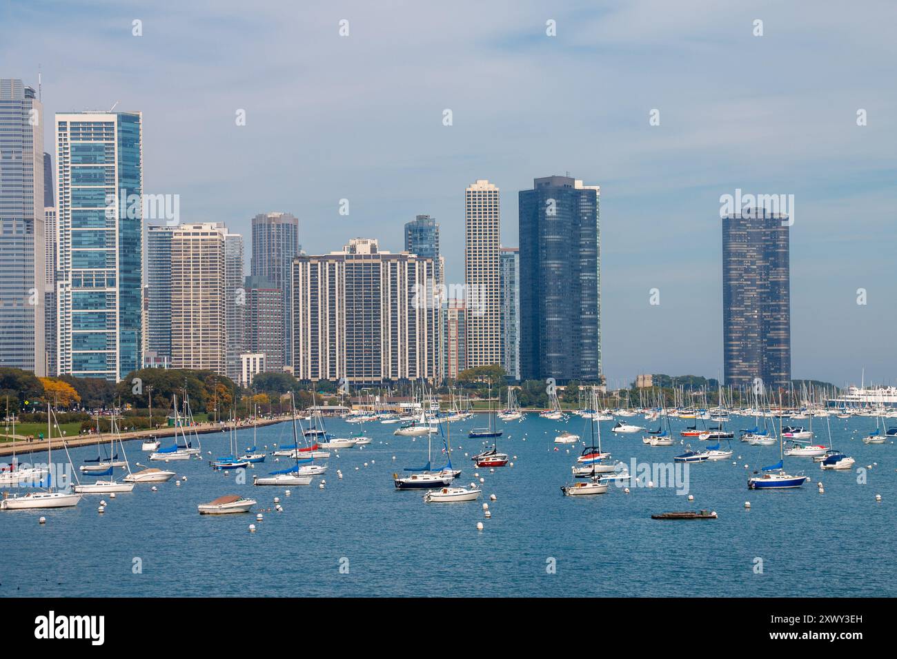 Monroe Harbor with sailboats at Michigan lake, Lake point tower ...