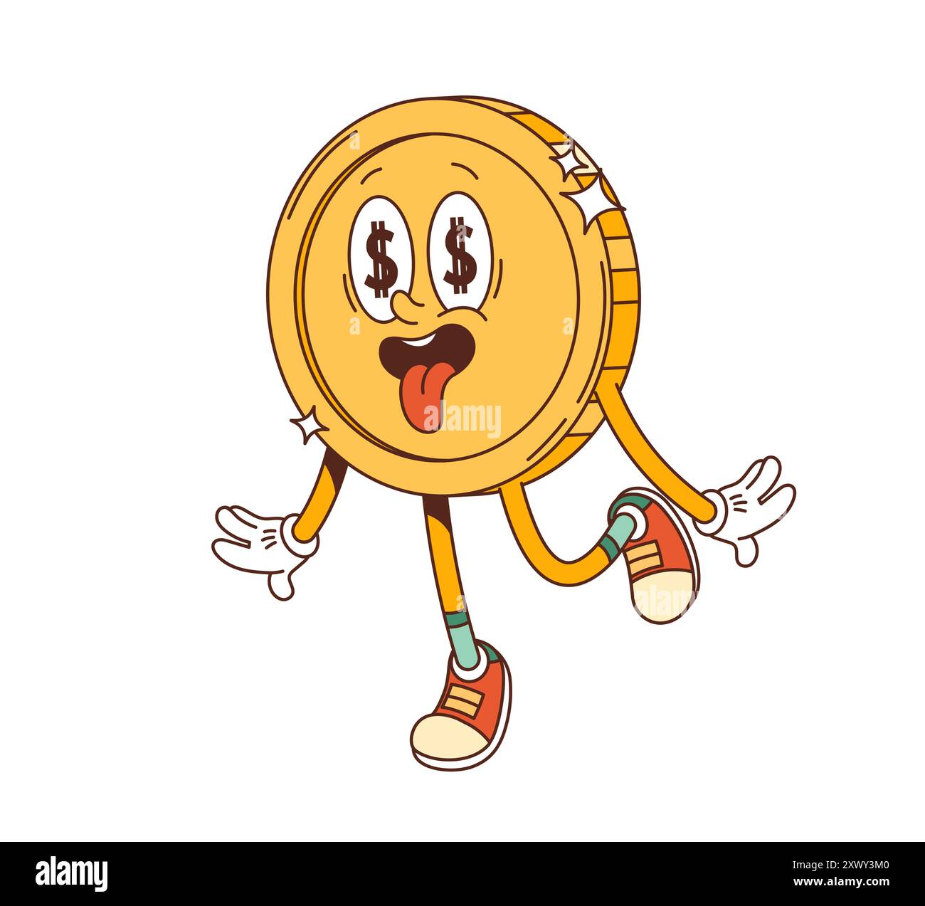 Retro groovy funky jackpot golden coin character with dollar sign eyes ...