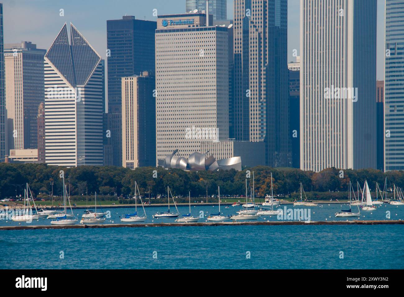 The Lake Michigan, Sailboats at the Monroe Harbor and the Modern ...