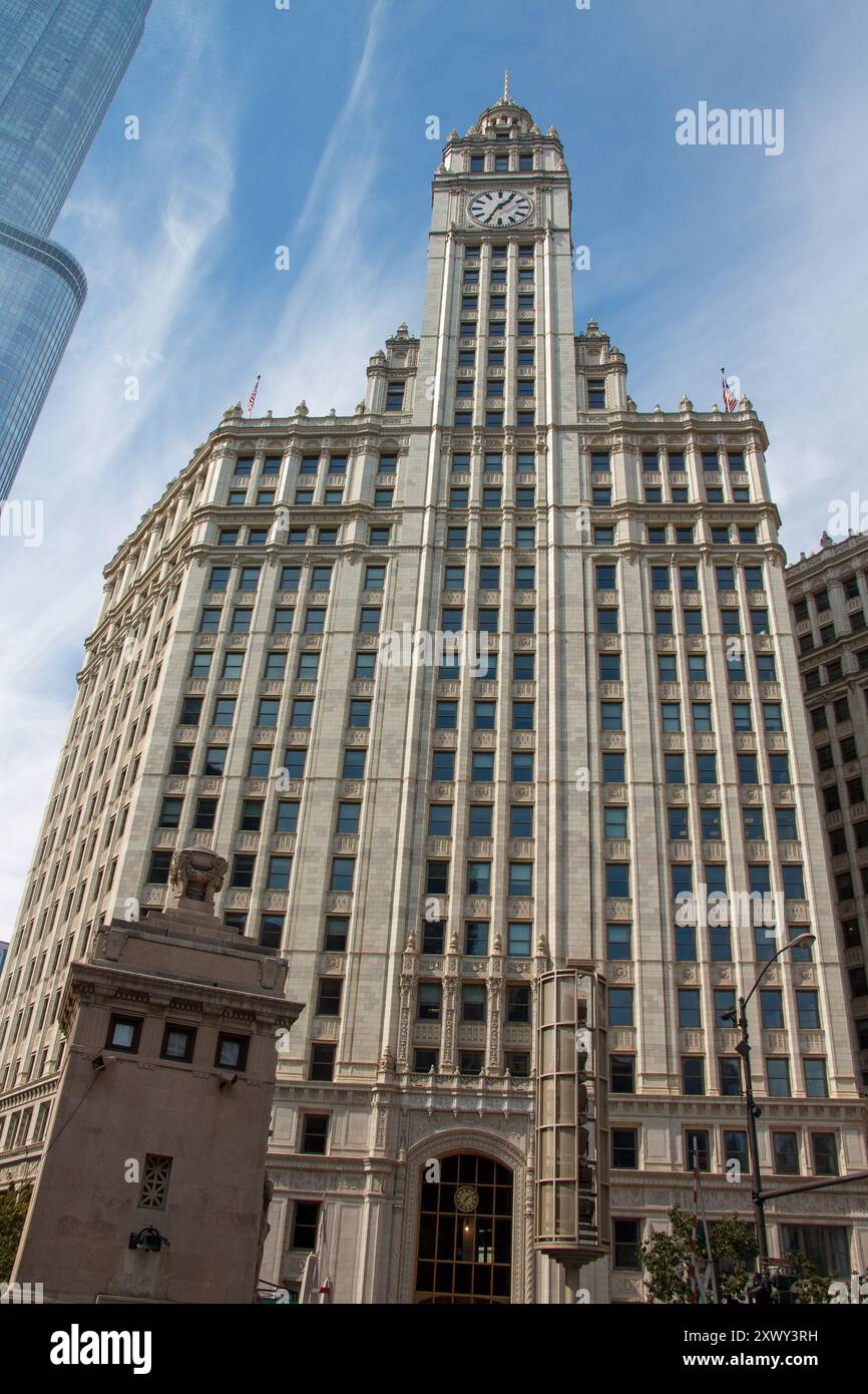 The Wrigley Building facade clock Tower in Chicago, IL, USA Stock Photo ...