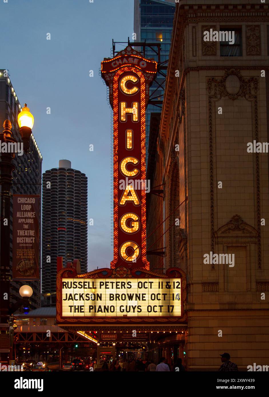 The iconic Chicago Theater Neon Sign at night, the loop, downtown ...