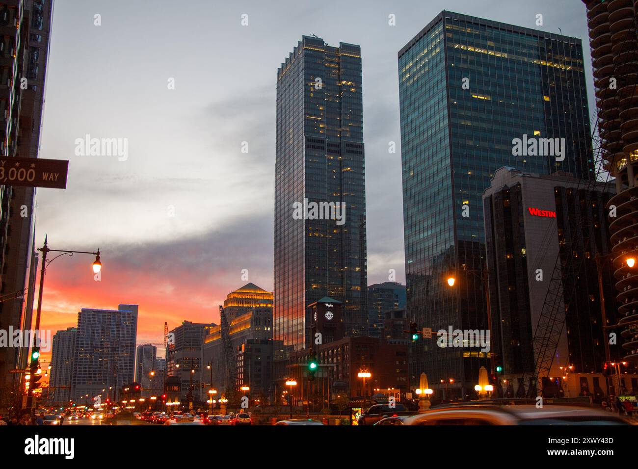 The sunset and the skyline with modern architecture buildings in ...