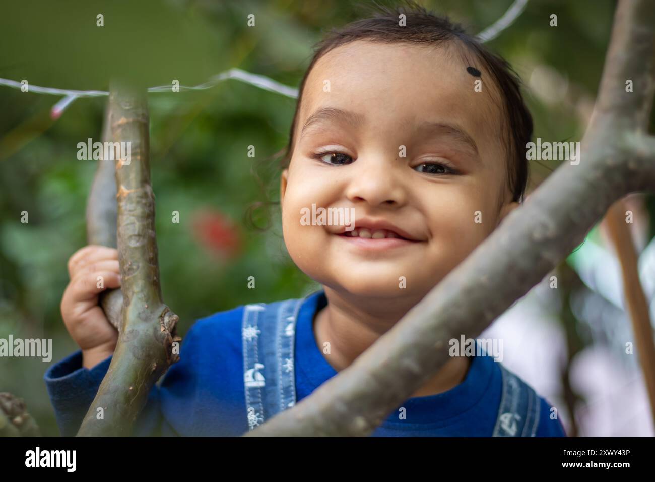 innocent toddler holding tree branch with cute facial expression at day ...