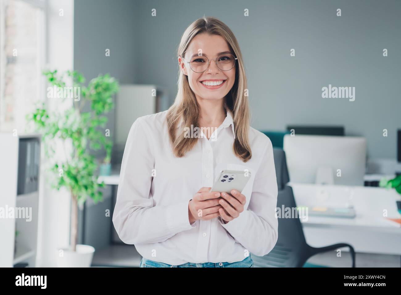 Portrait of professional corporate worker lady smile hold smart phone ...