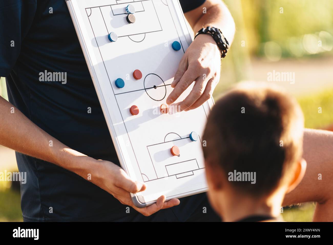 Soccer coach use strategy whiteboard at practice. Trainer using white ...