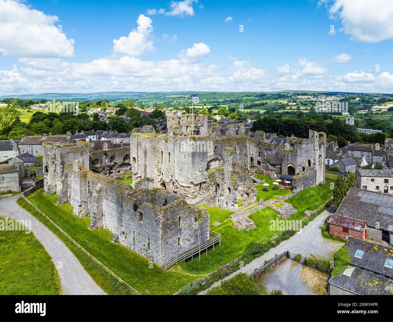Middleham Castle from a drone, Middleham, Wensleydale, North Yorkshire ...