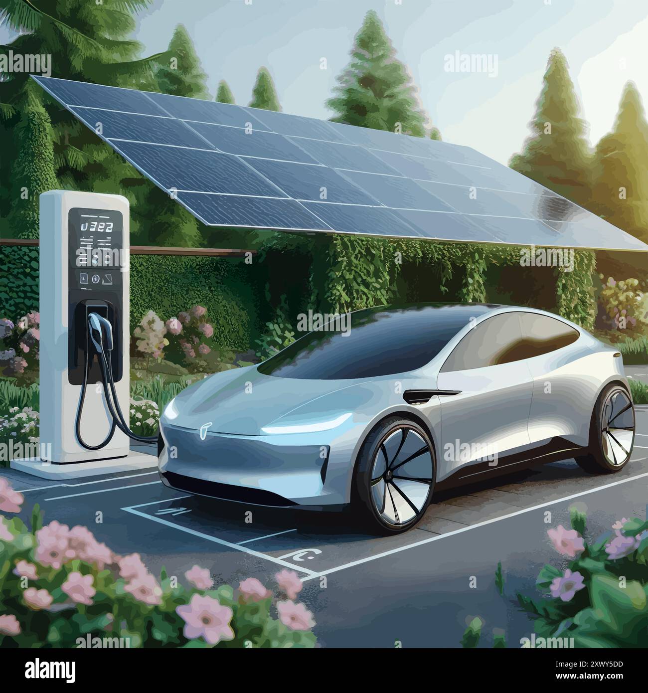 Electric Car Charging Vector Art Illustration Stock Vector Image & Art ...