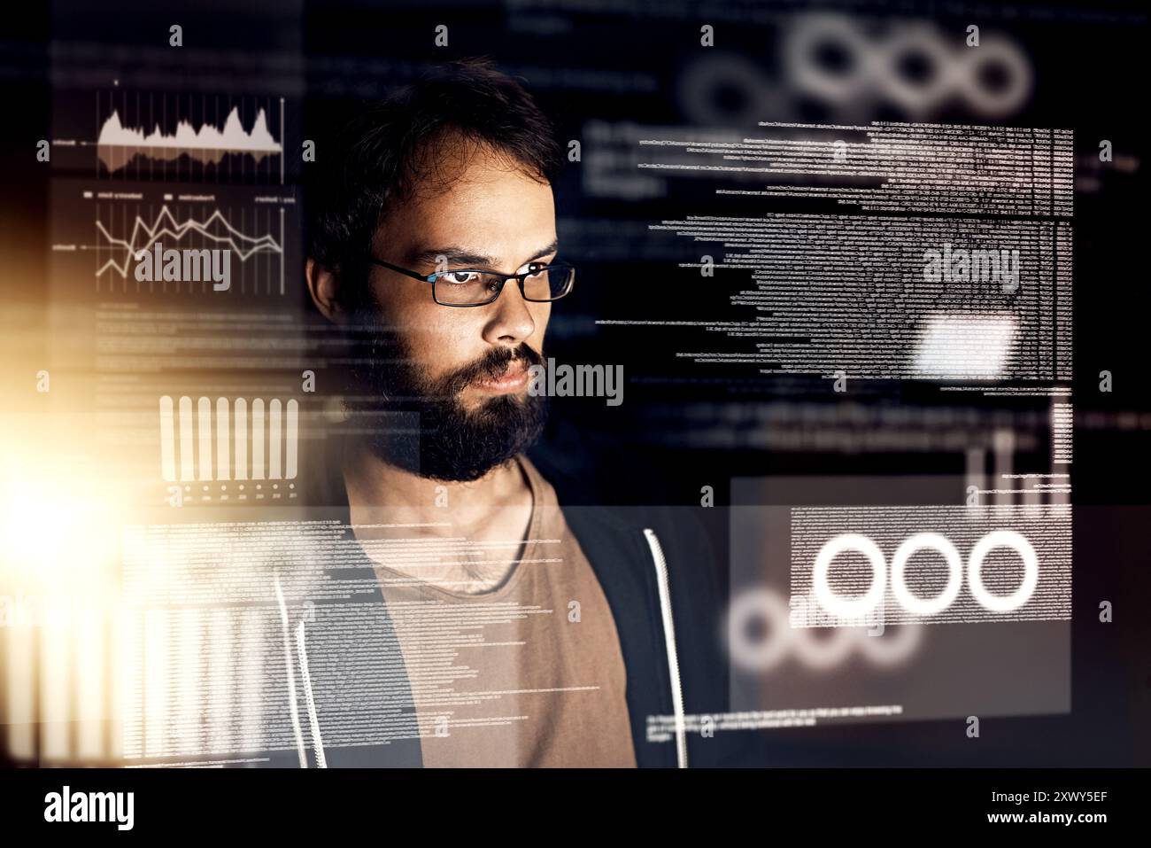 Man, overlay and cyber security with coding, data and analysis for programming and software ...