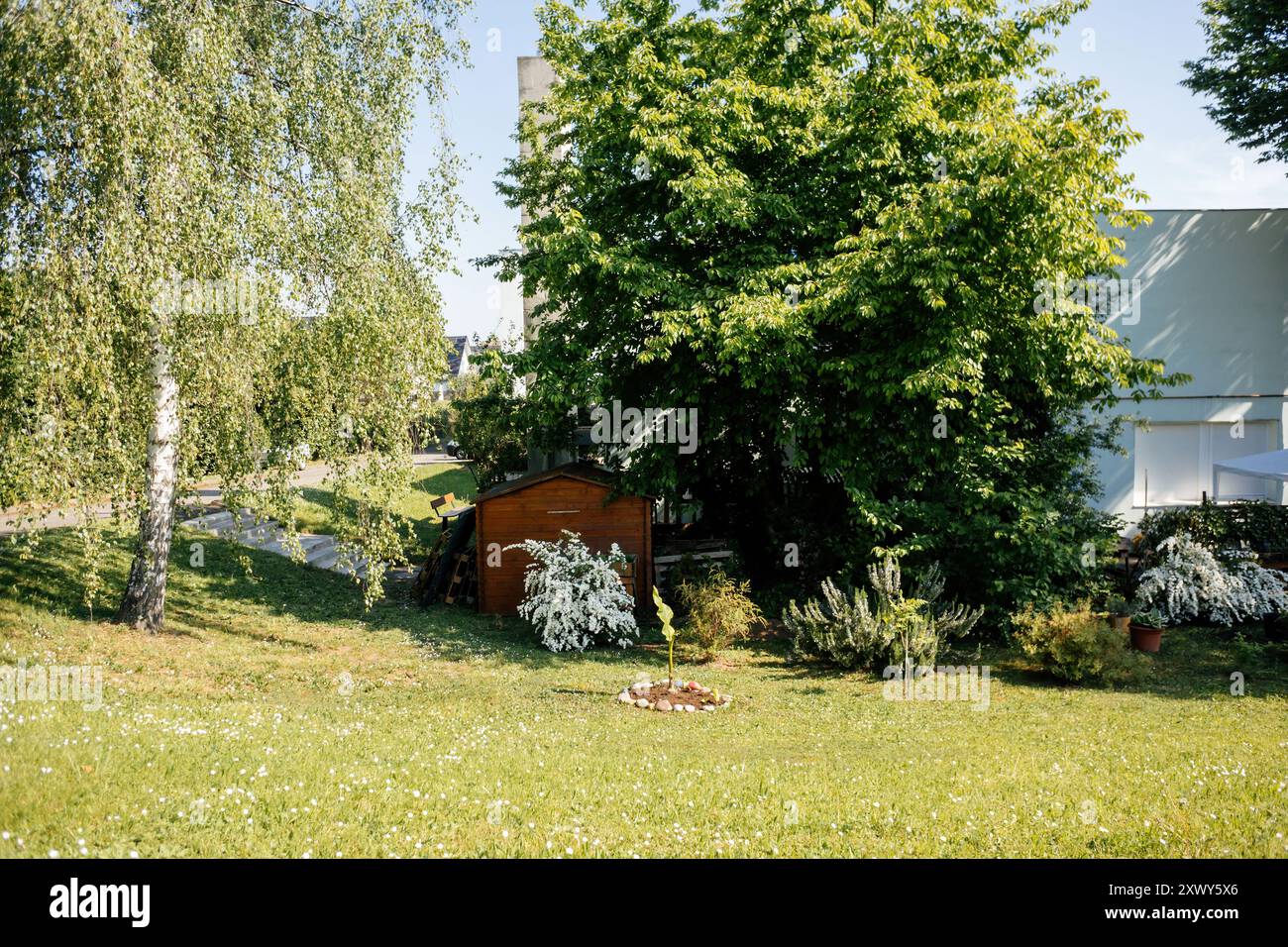 A wooden garden storage house nestled in a lush garden, offering a ...