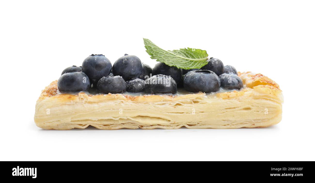 Tasty puff pastry with blueberries and mint isolated on white Stock ...