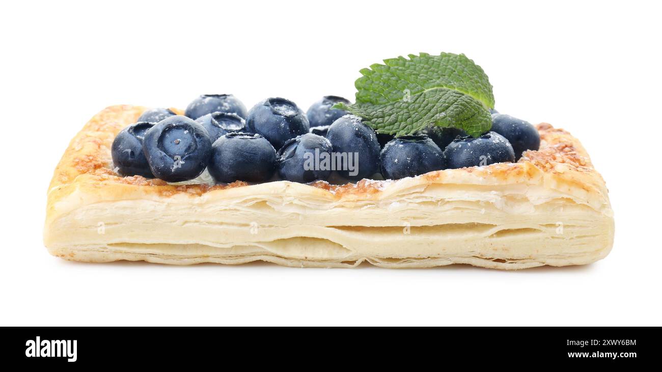 Tasty puff pastry with blueberries and mint isolated on white Stock ...