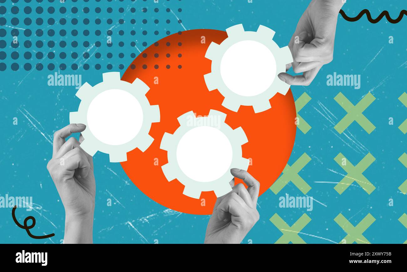 Contemporary art collage featuring a multitude of hands with gears ...