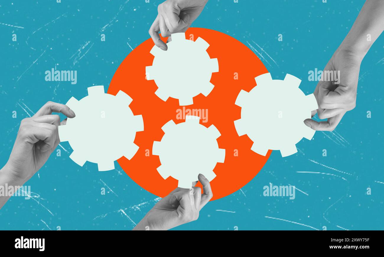 Contemporary art collage featuring a multitude of hands with gears ...