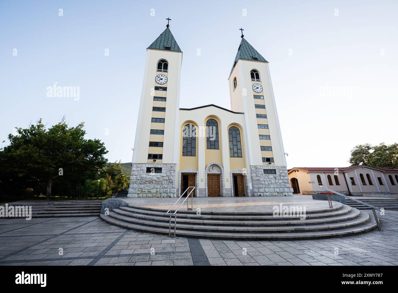 Elegant Saint James church facade with distinctive twin towers and ...