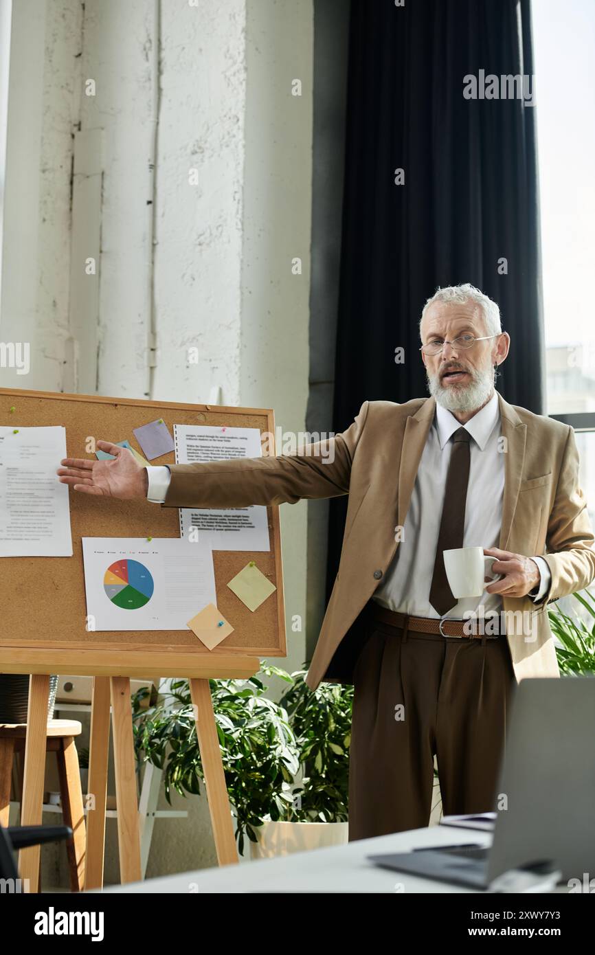 A middle-aged man with a beard, wearing a suit, teaches, gesturing ...