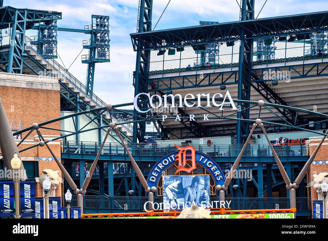 Detroit, USA - August 1, 2024: Metal structure and entrance sign at the ...